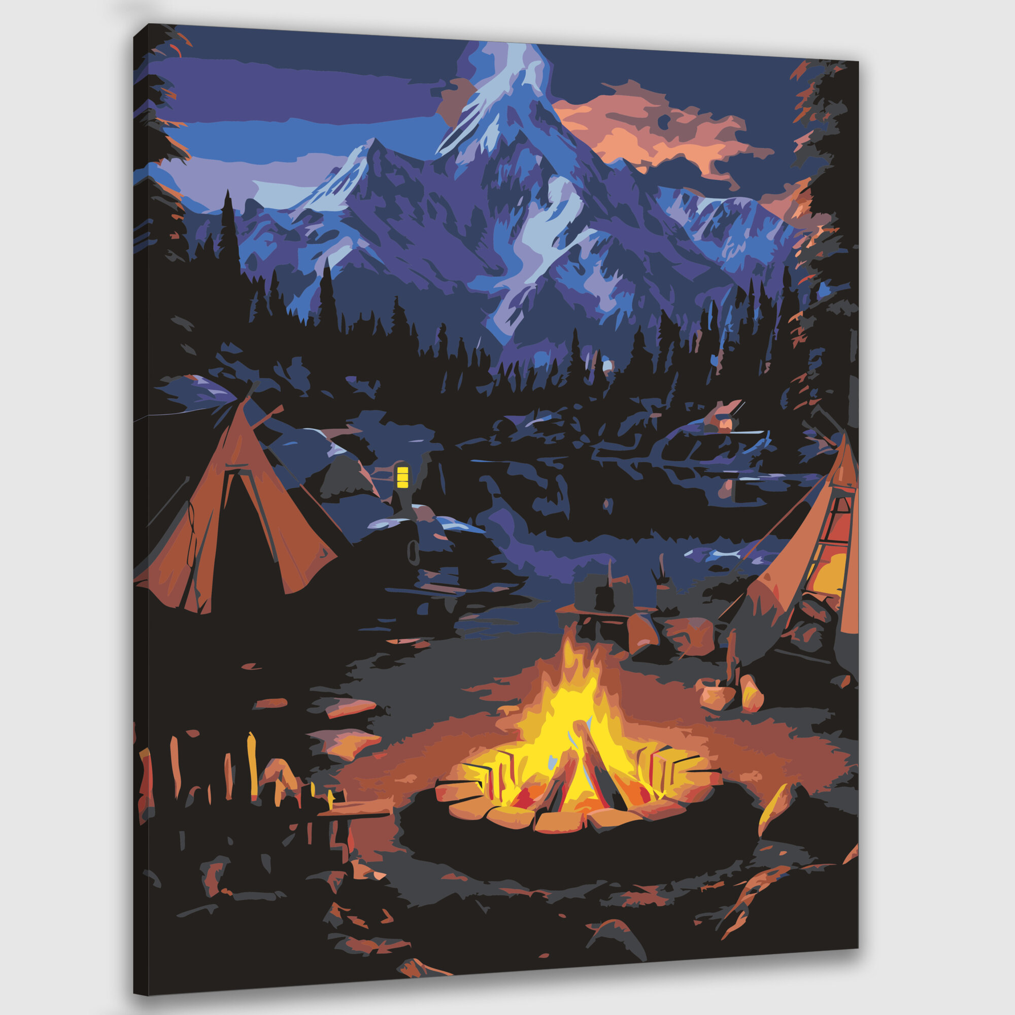 Картина по номерам 40x50 см, 3D-рендеринг, кемпинг, палатки, горы, костер, детализация, цвета, тени, динамичность