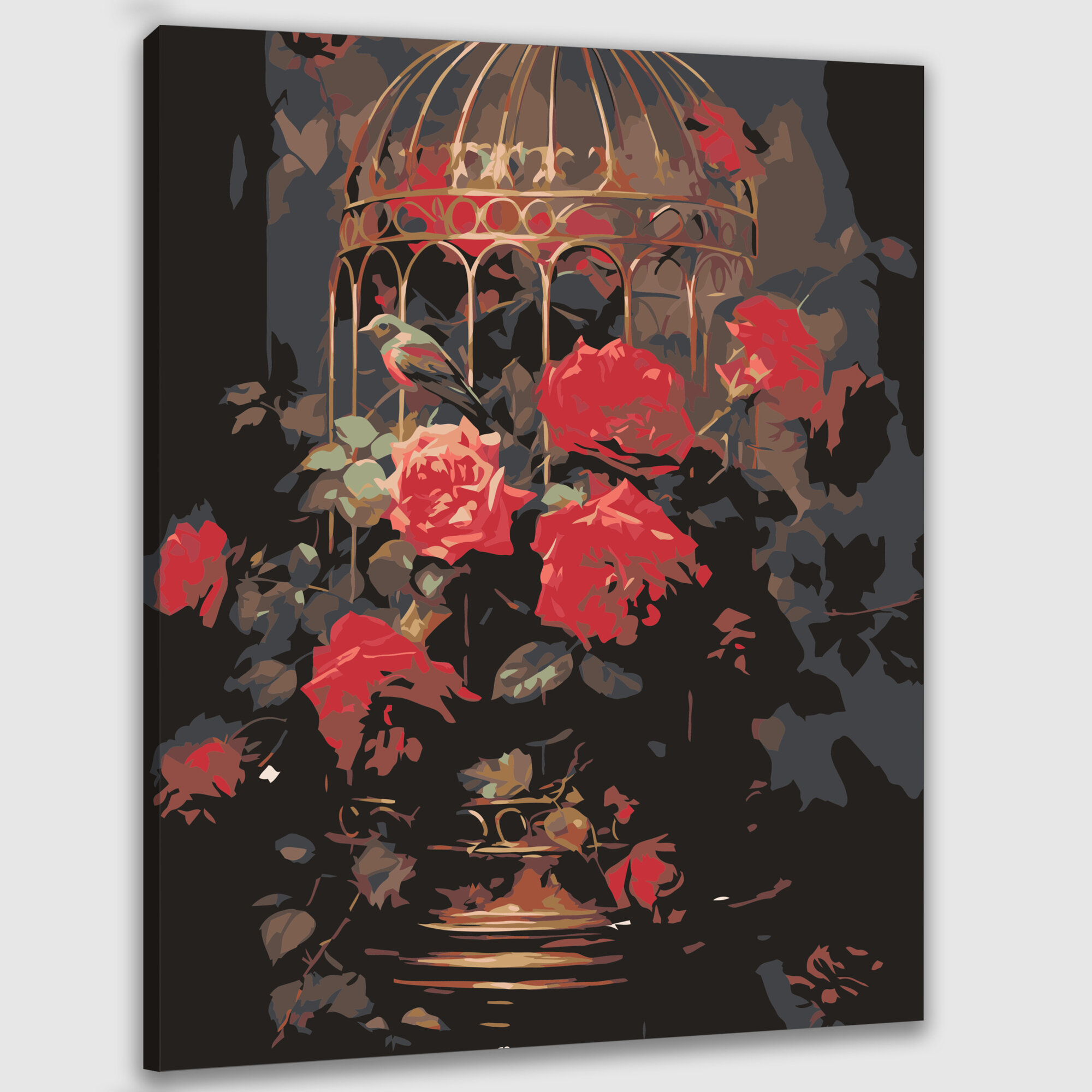 Картина по номерам 40x50 см, картина, масло, розы, красные, птичья клетка, позолоченная, лепестки, контраст