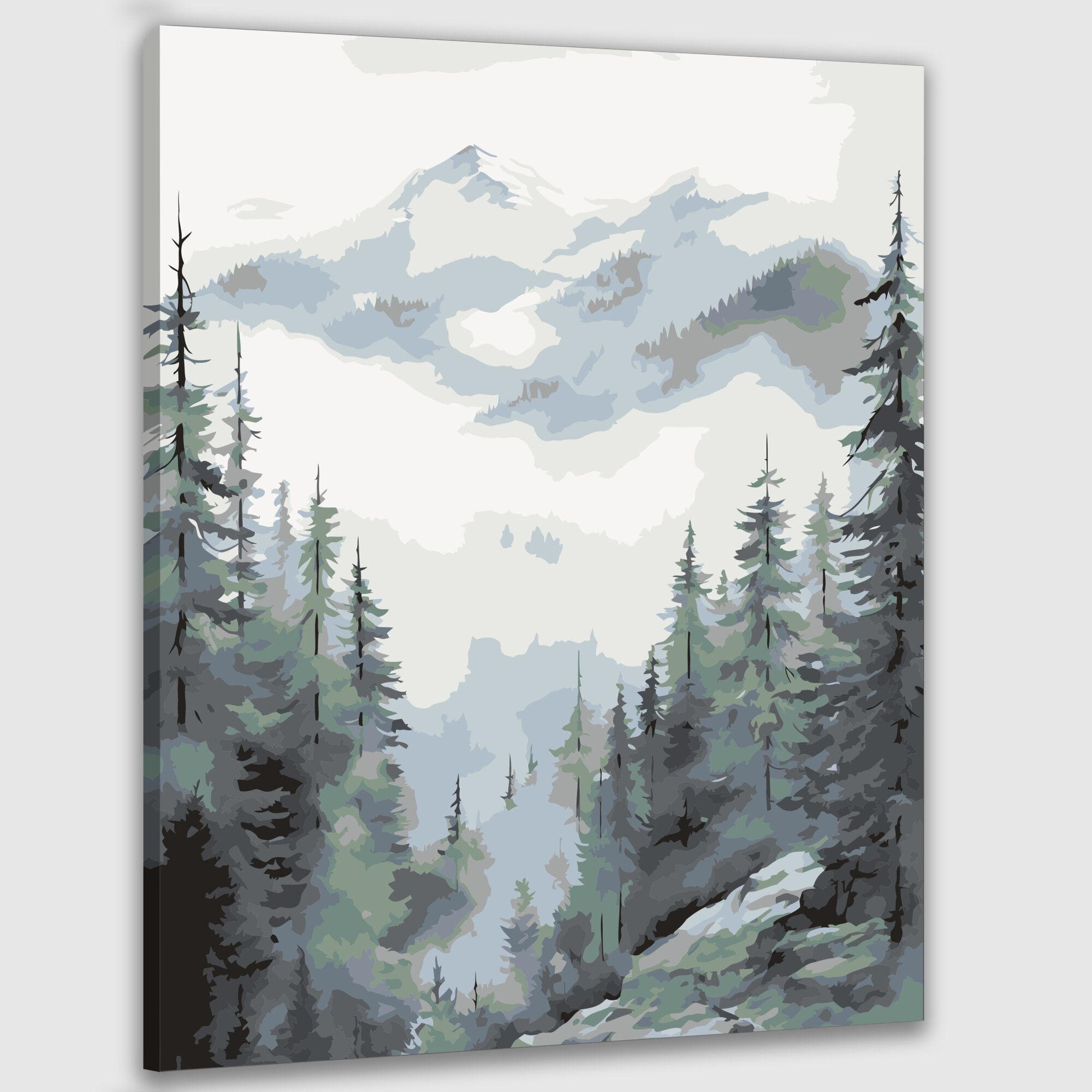 Картина по номерам 40x50 см, акварельная картина, заснеженные горы, туманные облака, сосновый лес, снежная пудра