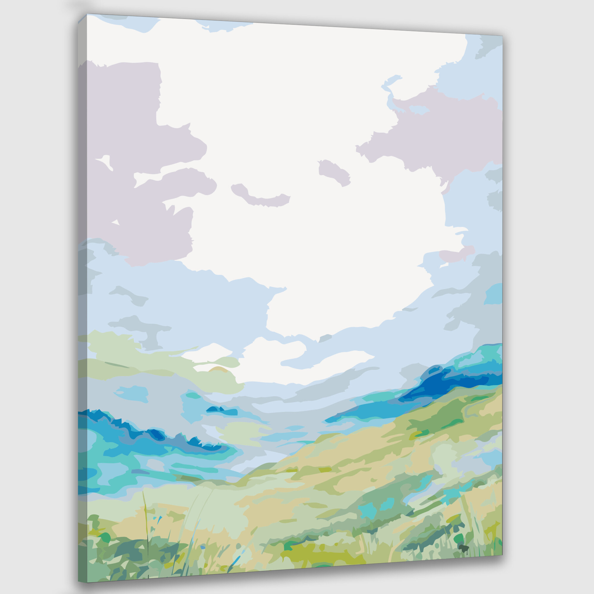 Картина по номерам 40x50 см, акварель, сельский пейзаж, холмы, горизонт, небо, мазки кисти, движение, атмосфера