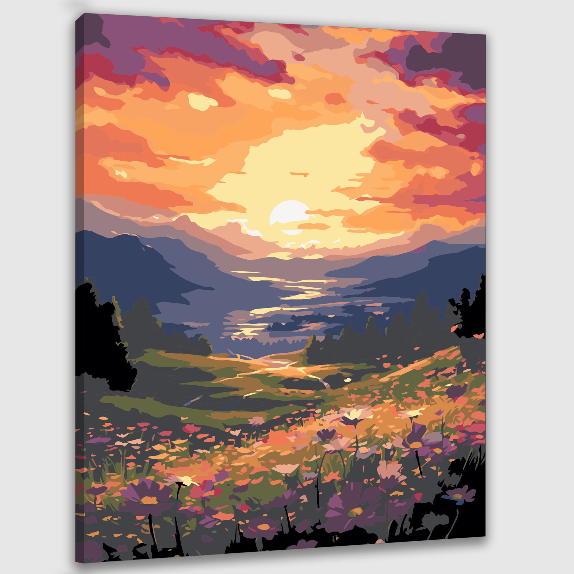 Картина по номерам 40x50 см, восход солнца, луг, оттенки оранжевого, розового, фиолетового, небо, пейзаж, тепло