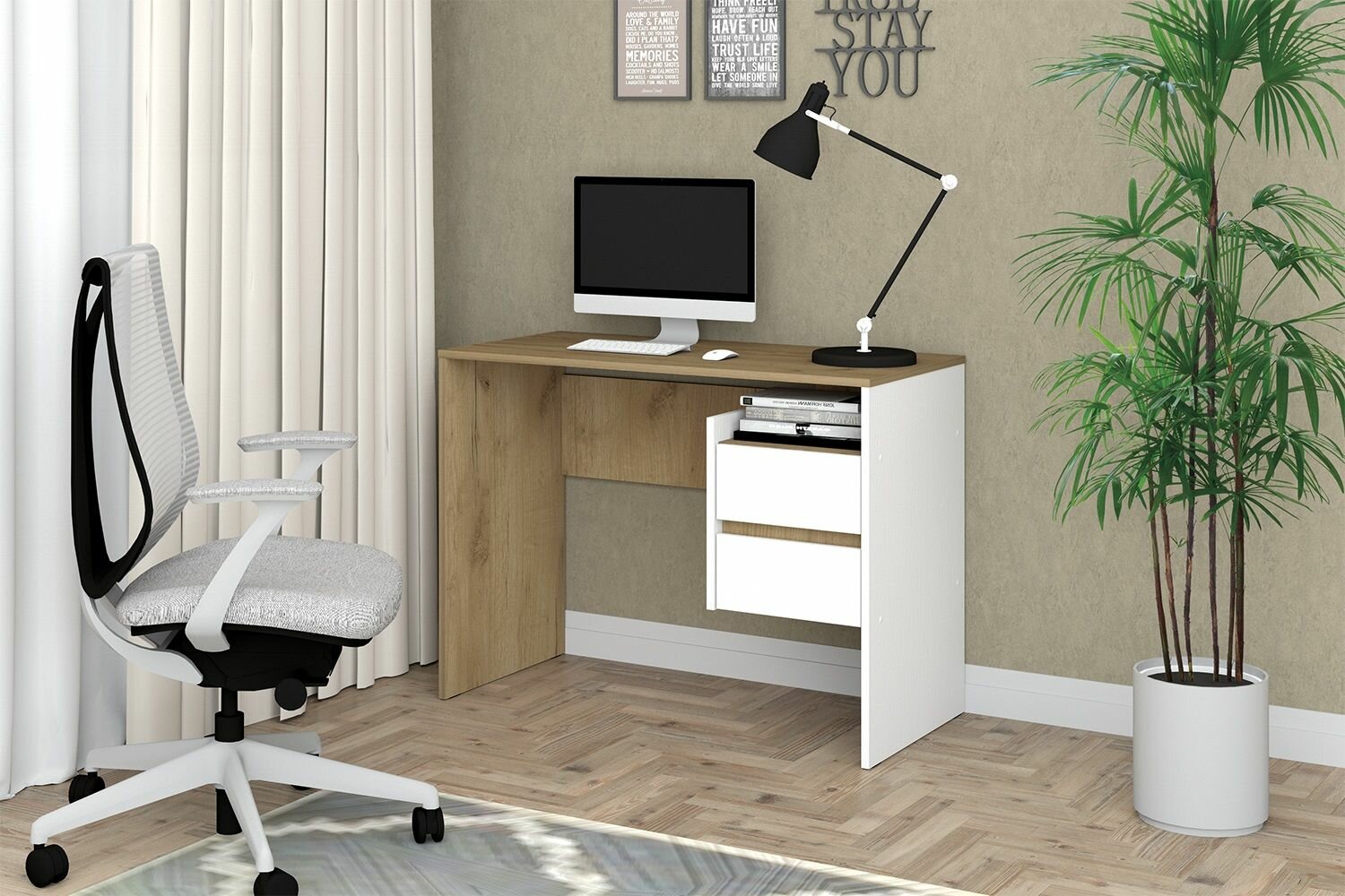 Стол письменный с ящиками Цвет Дуб крафт золотой / Белый текстурный, ширина 100 см, узкий, ученический, с полками