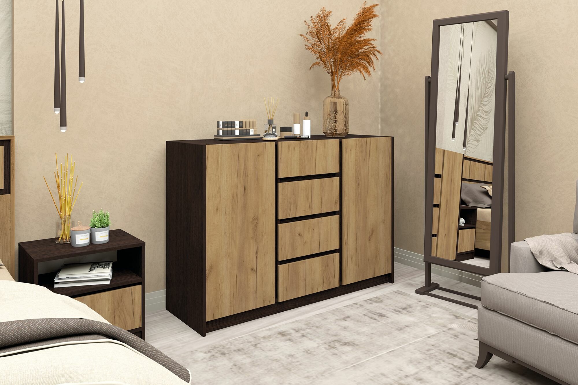 Комод для одежды с ящиками "Флоренция" 140 см ширина 4 ящиков, Дуб венге / Дуб крафт золотой шариковыми направляющими