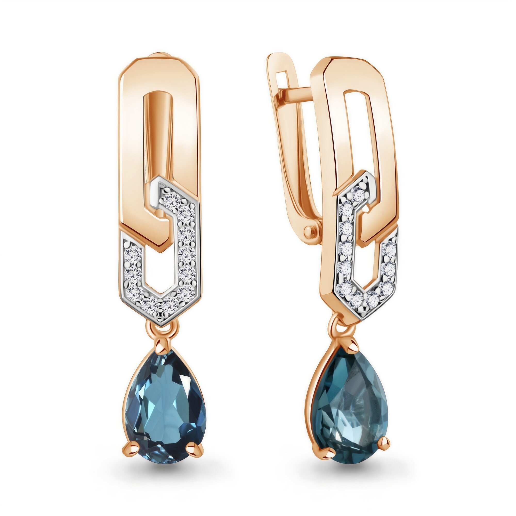 Серьги, серебро, 925 проба, золочение, Лондон топаз, фианит