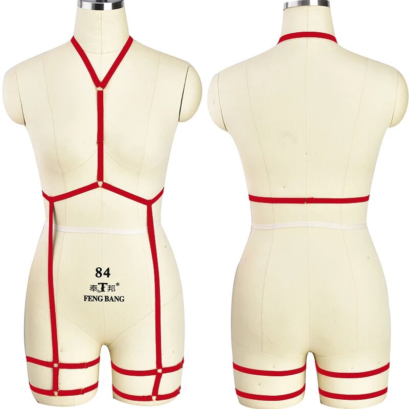 Красный боди на бретельках, женский сексуальный бондажный комплект нижнего белья, готические чулки, подвязки, регулируемый бюстгальтер в клетку, эластичная портупея для тела