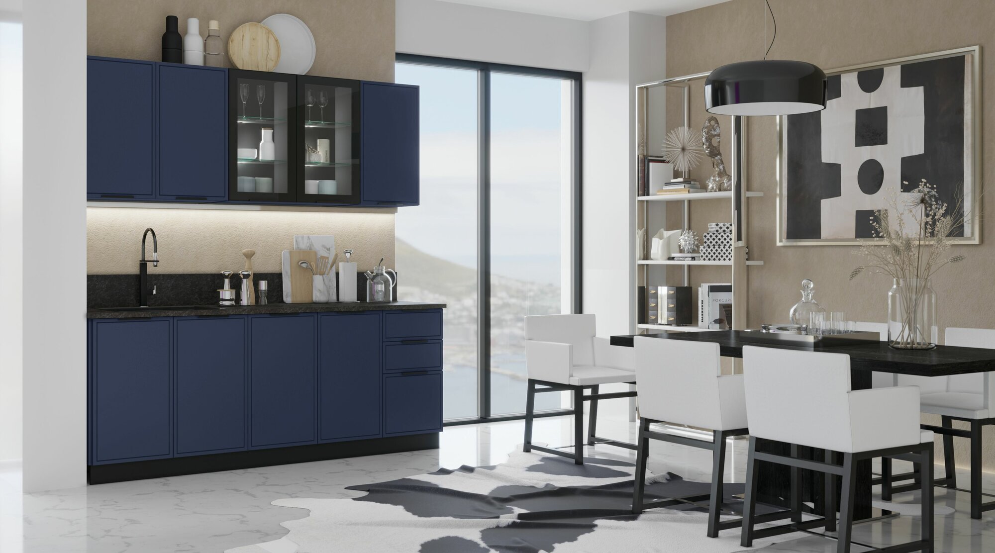 Кухня Николь 2,0м Компановка №1 (Холст сапфировый) (Кастилло темный) (Миф)