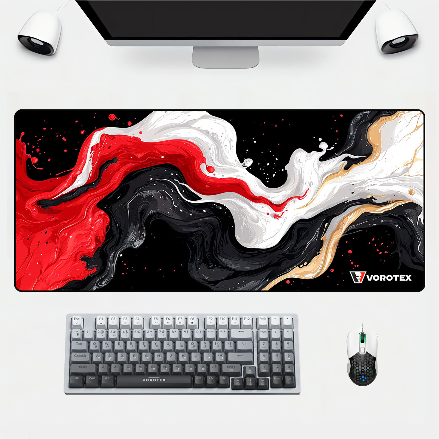 Игровой коврик VOROTEX XXL для мыши и клавиатуры, 90×40 см, толщина 4 мм, нескользящее основание, чёрный/белый/красный
