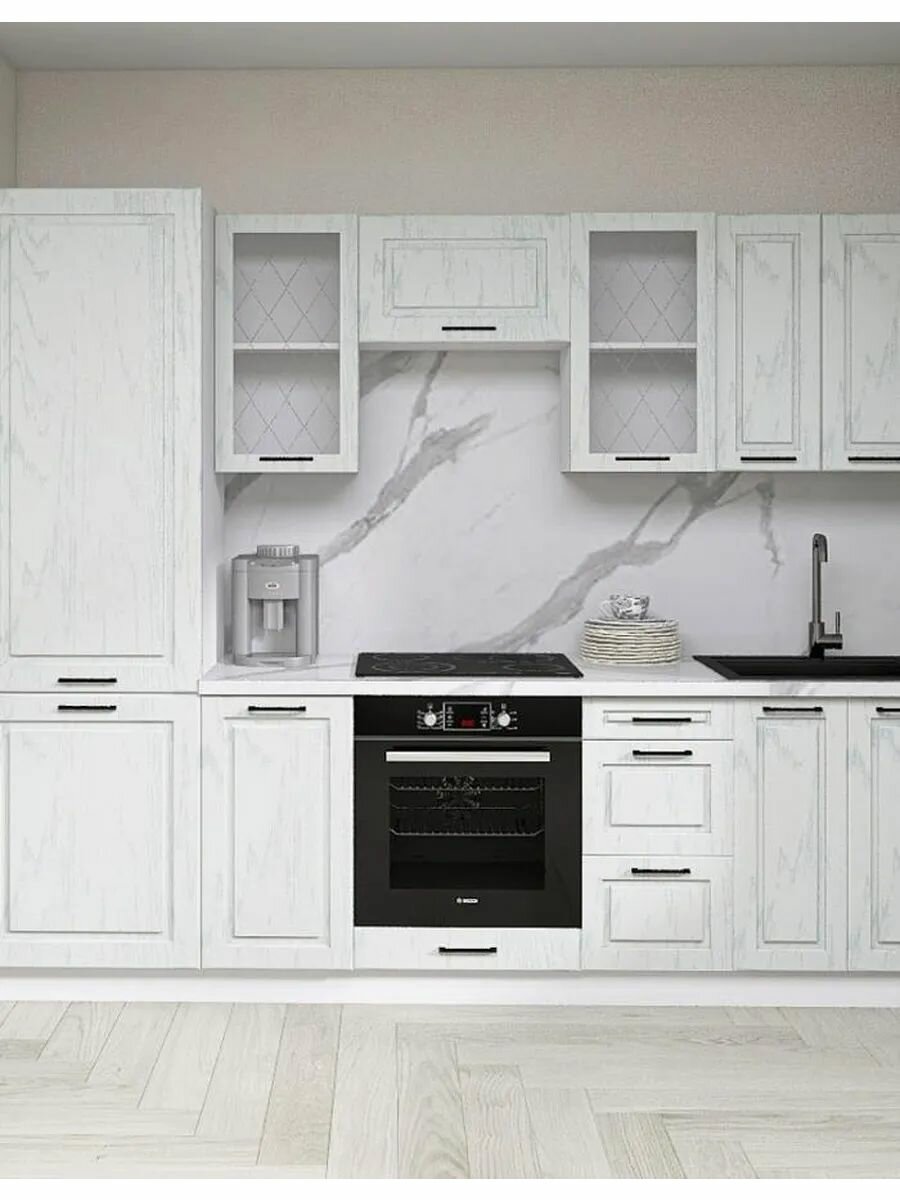 Кухонный гарнитур Шервуд 2.6 м, мебель для дома и кухни, Белый / Арктик со стеклом