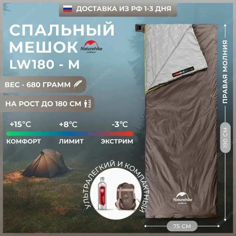 Летний Спальный мешок Naturehike LW180, 190 см, коричневый, правый спальник, до -3 C, M-Grayish Brown, NH21MSD09
