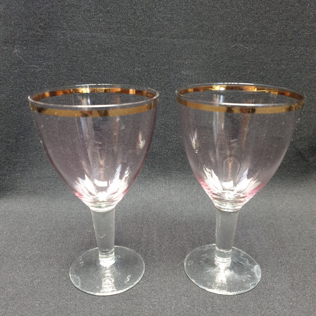 Пара бокалов "Золотая лента", марганцовое цветное стекло, позолота, цена за 2 шт. Винтаж, СССР.