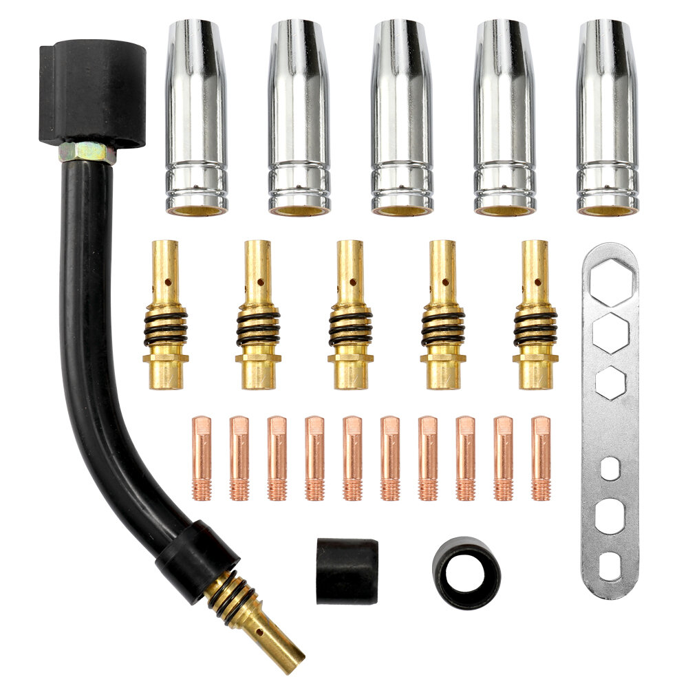 24PCS/Set Электроды Щитки Кубки Штыри Гусеничные Изгибы Для Топора 15AK Для Машины МИГ Сварки, Калибр 0.6mm 0.8mm 1.0mm 1.2mm Включение 10 М6 Штырей 5 Штырей Соединения 5 Кубков Защитных Крышек 2 Изоляционных Трубок 1 Гусеничный Изгиб 1 Ключ