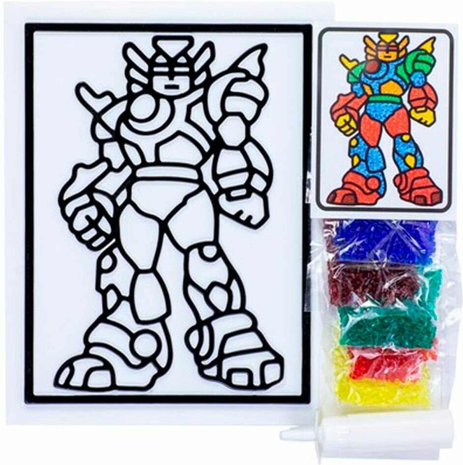 Набор для детского творчества Насыпь-наклей "Трансформер", картина своими руками по трафарету, детская фреска аппликация, в комплекте 5 пакетиков с бусинами, клей, рамка, рисунок