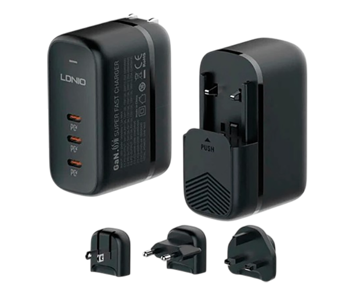 СЗУ LDNIO Q367 - 65W GaN Super Fast Charger 3 USB-C port PD со сменными вилками EU/UK/US, Black