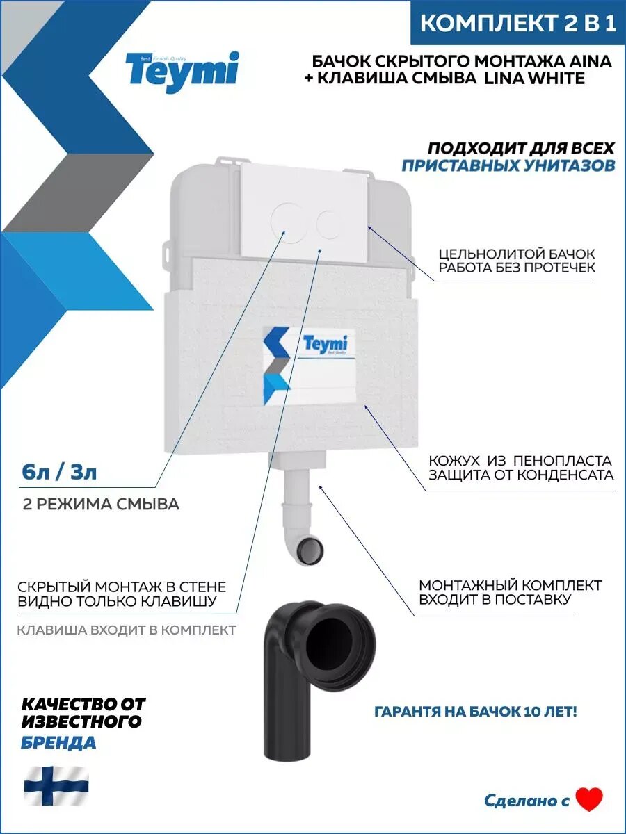 Бачок для унитаза приставного (скрытый монтаж) Teymi Aina в комплекте с кнопкой белой F00750