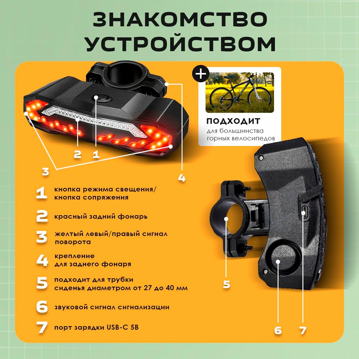 Задний фонарь для велосипеда Velotail с сигналами поворота и противоугонной сигнализацией 5 в 1