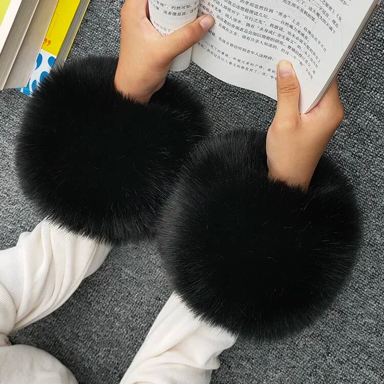 Мода роскошные фальшивые лисицы меха манжеты утолщить женщины запястье руки перчатки плюшевые эластичные мех браслет Oversleeve рука теплее браслет,35,15, искусственный мех,35,2, black, SKU00334