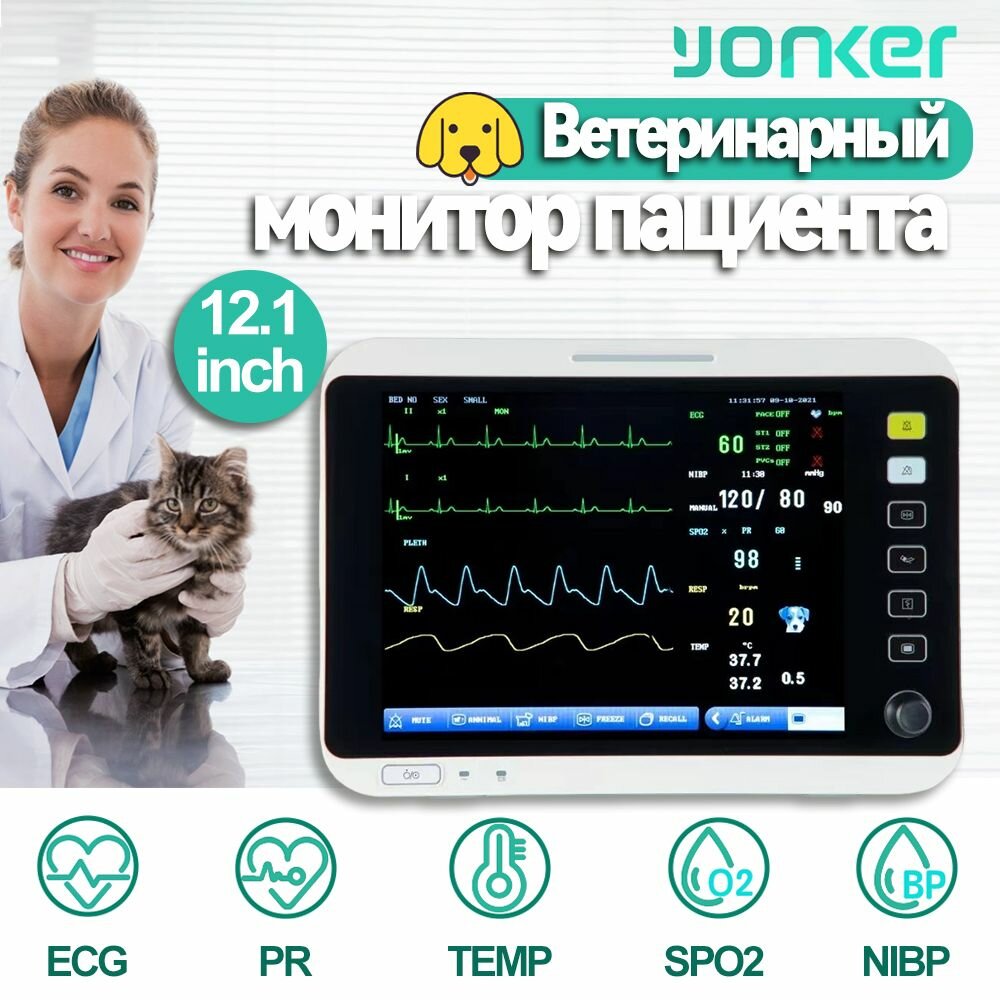 Ветеринарный монитор пациента VM12C /ECG, PR, SPO2, NIBP, RESP, TEMP / 12.1 дюйма