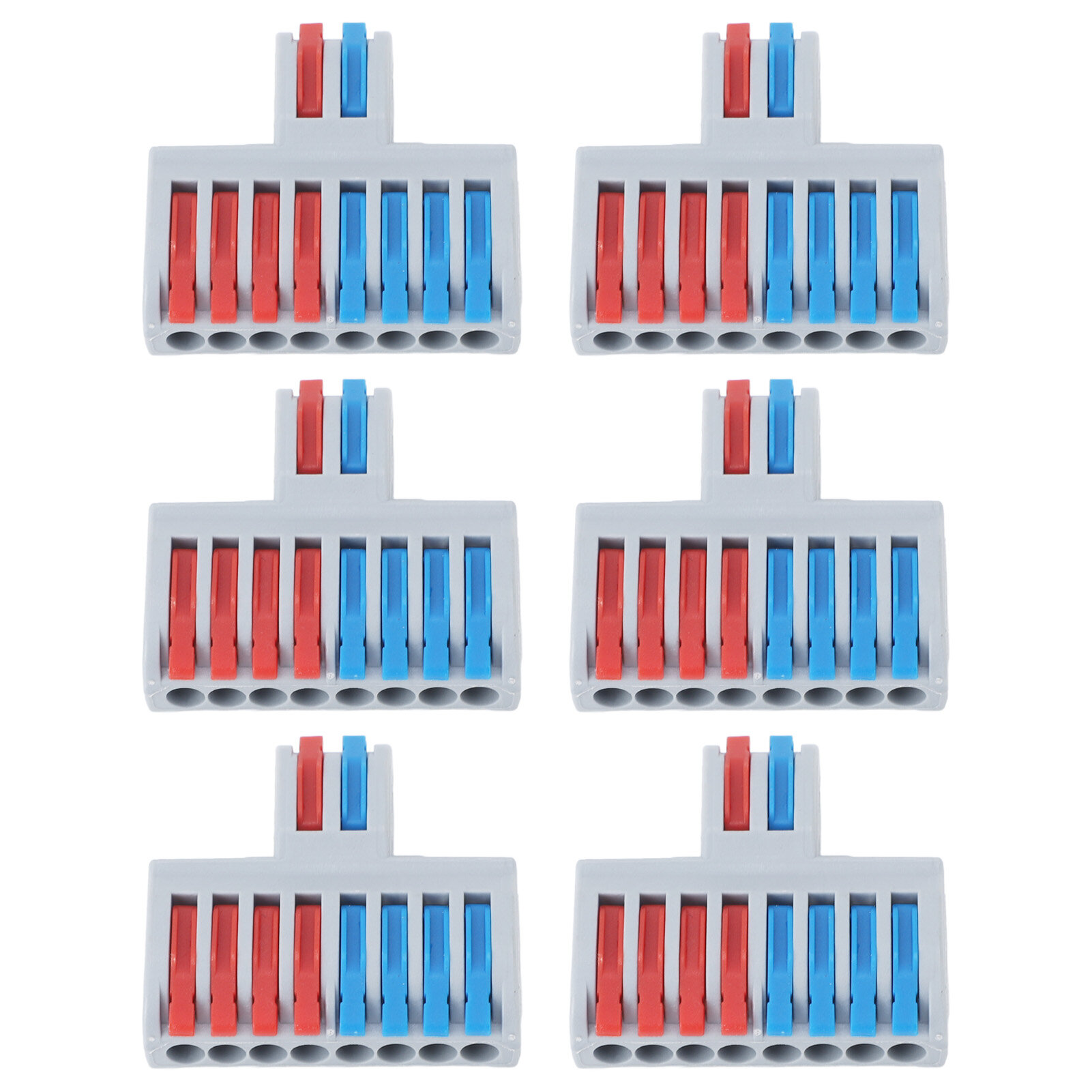 6 шт. клеммных блоков 2 входа 8 выходов, соединительные клеммы для электрических проводов, рычажные соединители для зачистки проводов, диаметр 10 мм.
