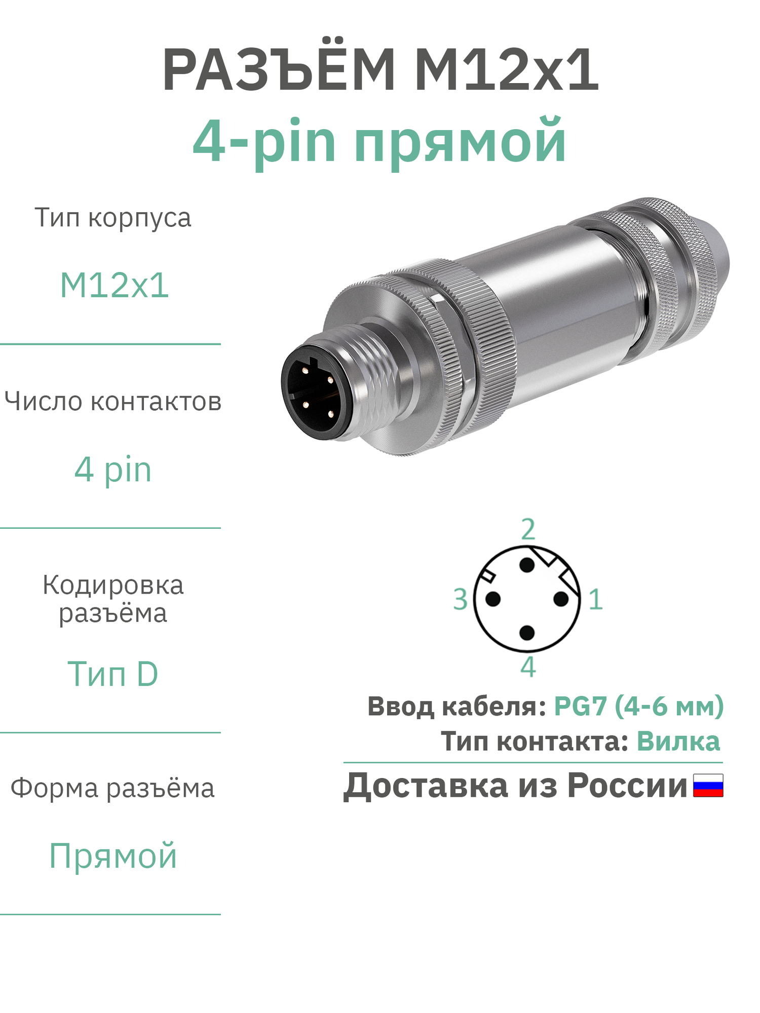 Разъём M12 D-coding Ethernet 4 pin прямой / вилка (папа) / PG7 (4-6 мм диаметр под кабель) / модель RAZM-M12-C4-CODE-D-PG7-LT