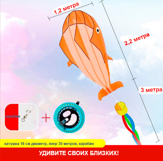 Воздушный змей, КИТ, оранжевый, леер/стропа 30 м, парафойл, чехол