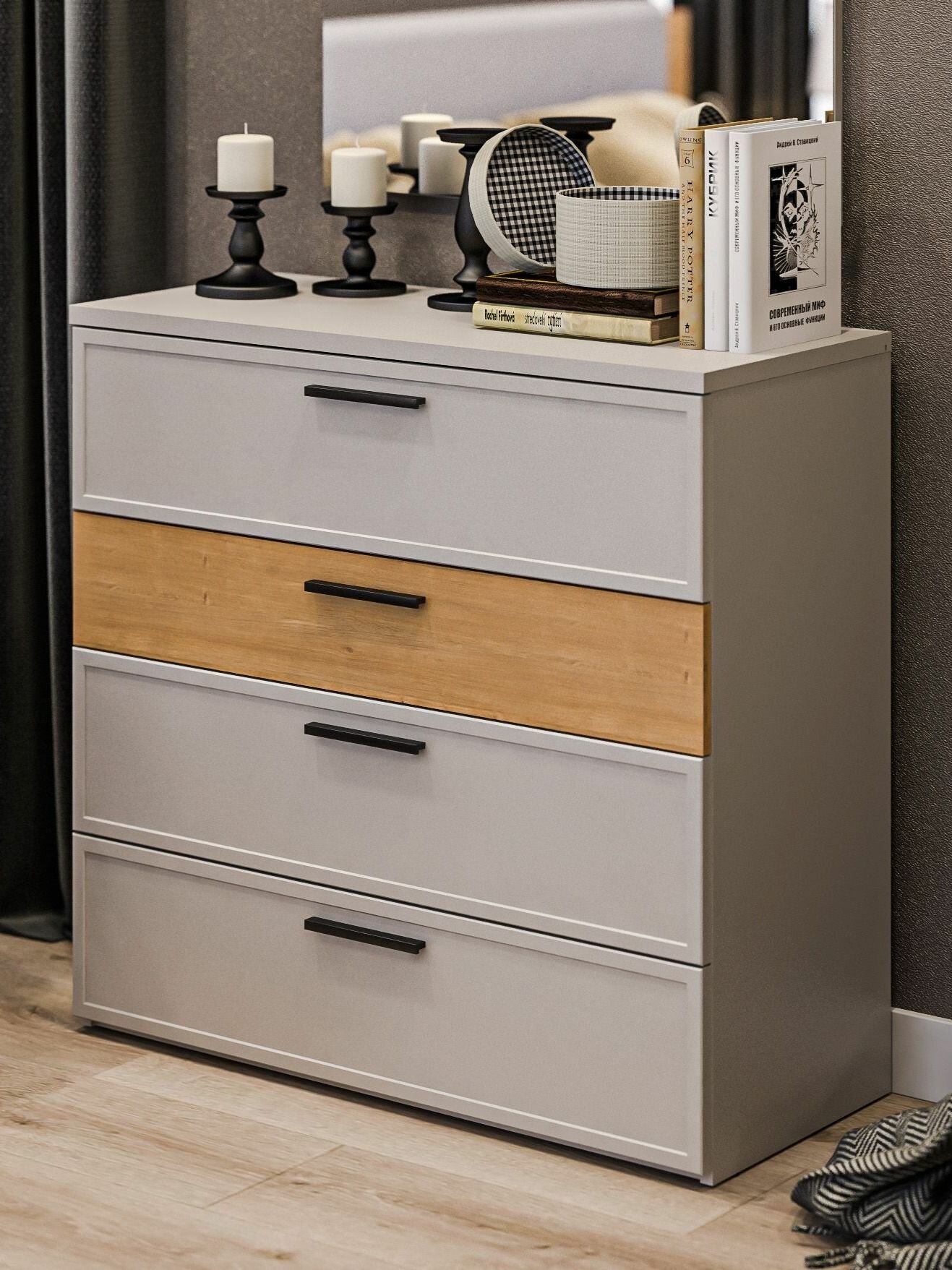 Комод столплит Милан СБ-3296 с 4 ящиками, ЛДСП Серый, Дуб Гамильтон/МДФ Светло-серый 90х87х40 см.