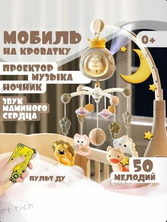 Музыкальный мобиль с проектором и ночником для новорожденных