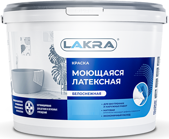 Краска для Стен и Потолков Латексная Моющаяся Lakra 3кг Белоснежная, Матовая для Внутренних и Наружных Работ / Лакра.