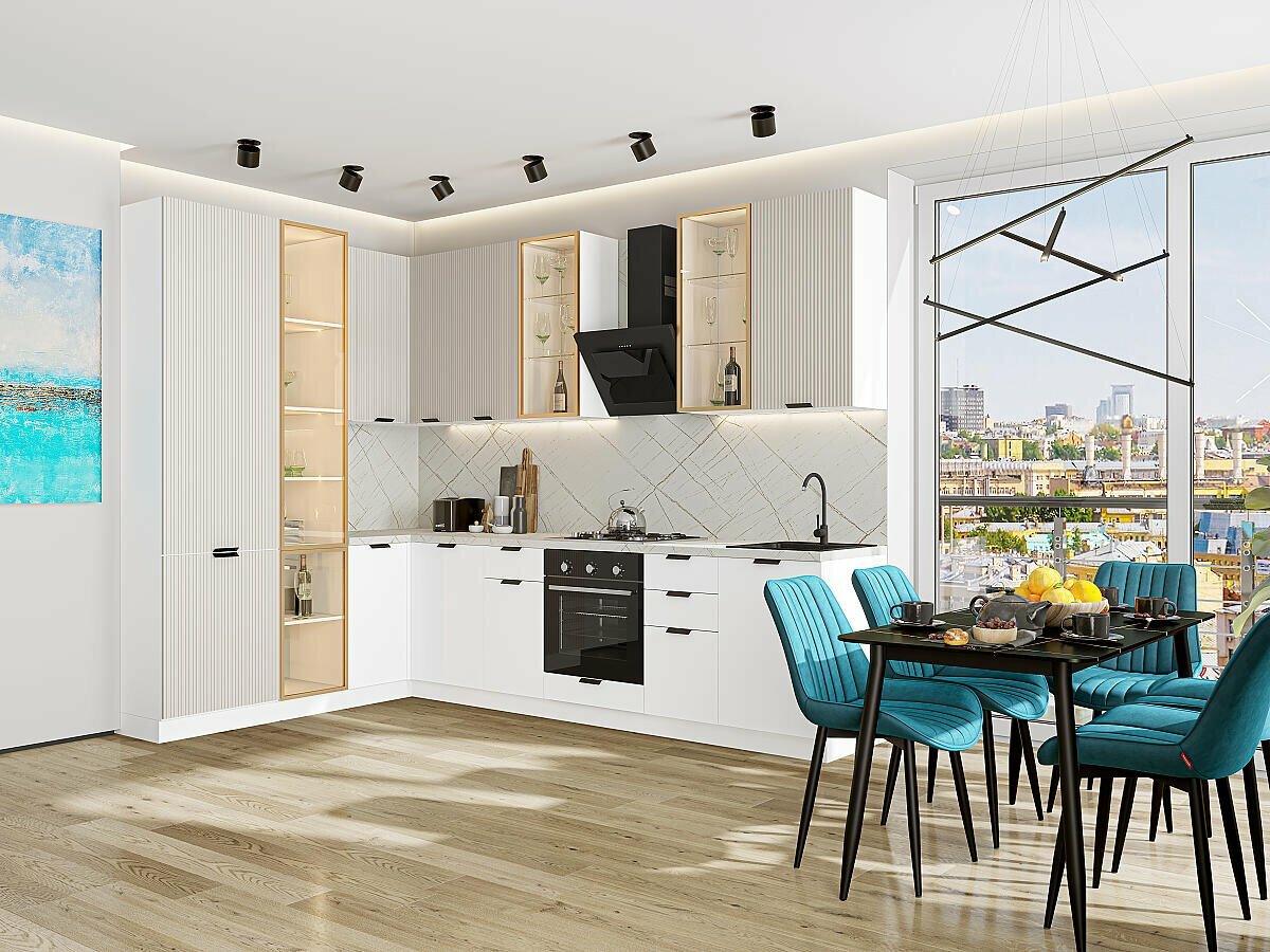 Кухня Евро Лайн-07, цвет фасада Агат/Белый, цвет каркаса Белый, 2340*2000/3000*600 мм