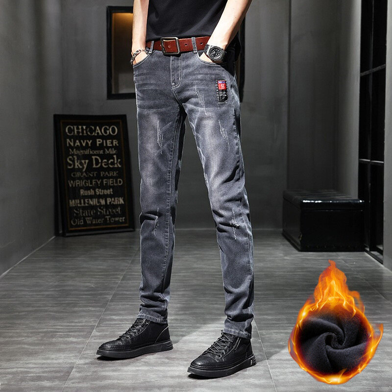 Охоты Брюки JYL Сезонные утеплённые толстые джинсы мужские универсальные эластичные узкие корейские длинные