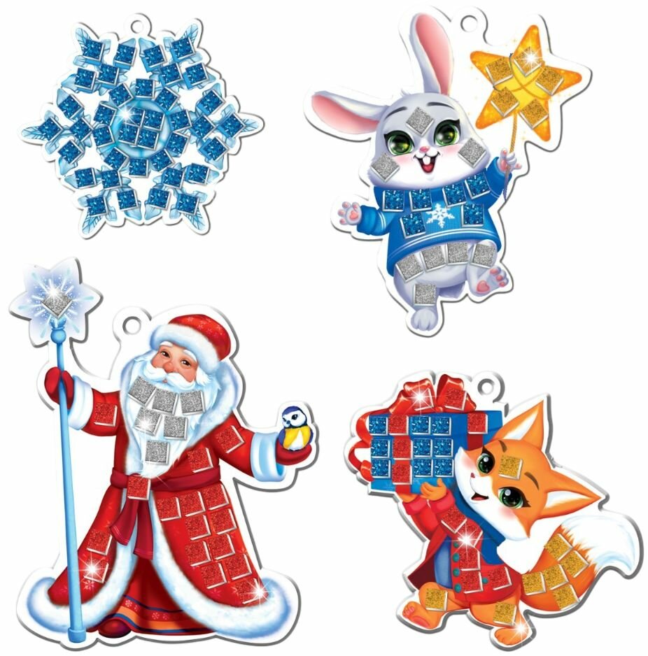 Аппликация стикерами "Елочные игрушки" на новый год, подвесные игрушки своими руками, детский набор для творчества и поделок, новогодняя стикерная мозаика с раскраской и играми