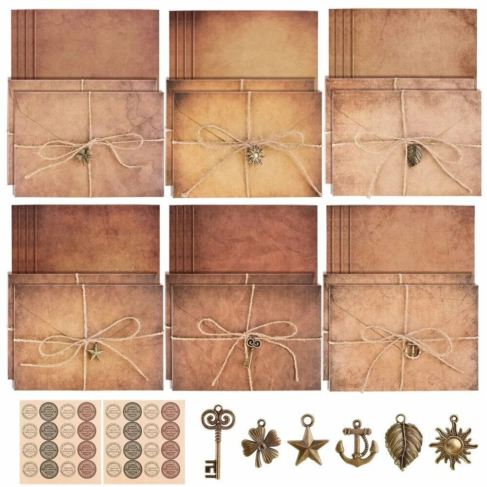 Винтажная писчая бумага с набором конвертов, 74 лист, в том числе 24 листов бумаги для писем, 12 кожаных конвертов, 12 винтажных ключей, 24 пеньковых веревок, 2 наклеек.