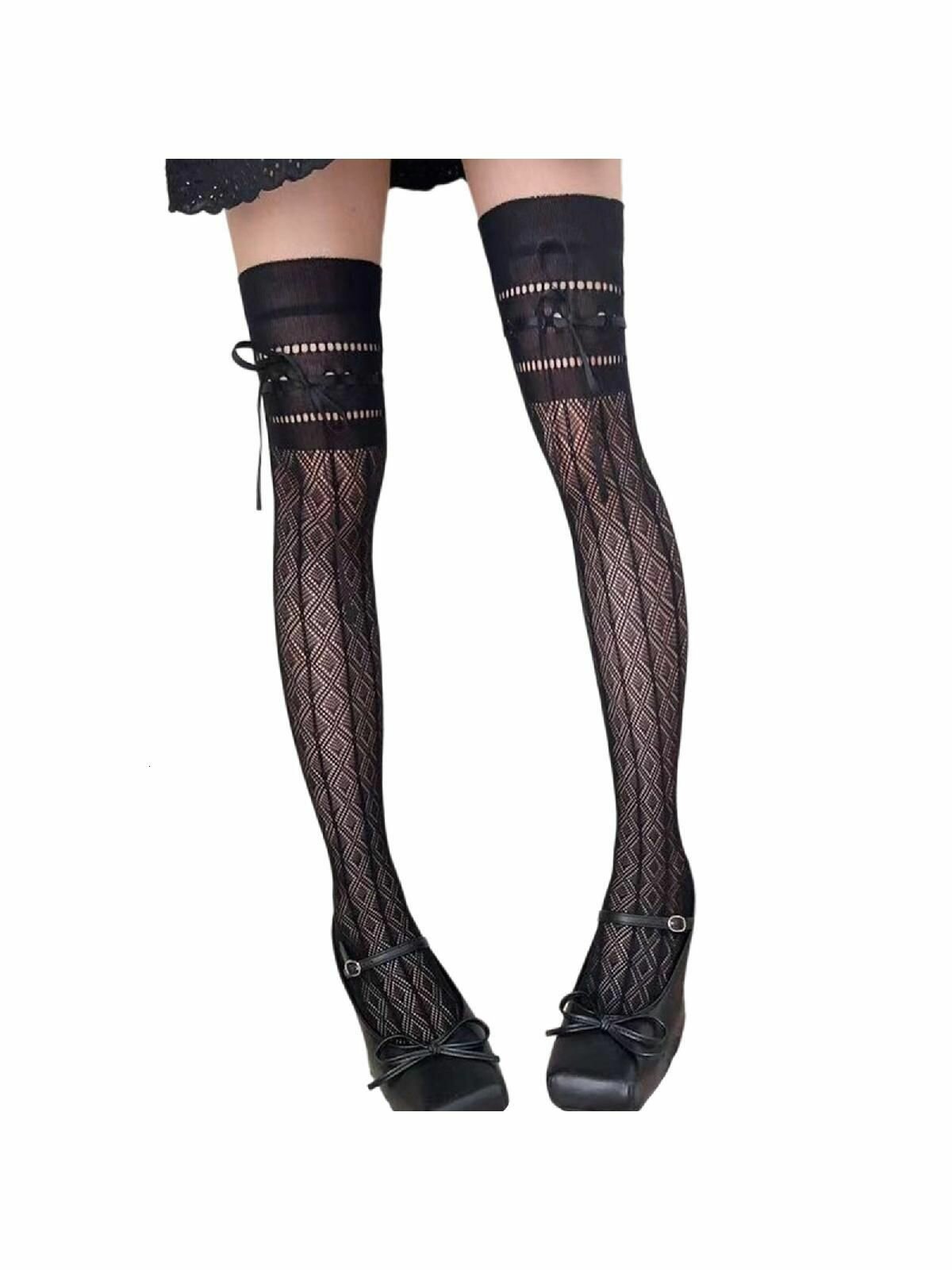 Чулки до бедра с шнуровкой и сеткой, Черный