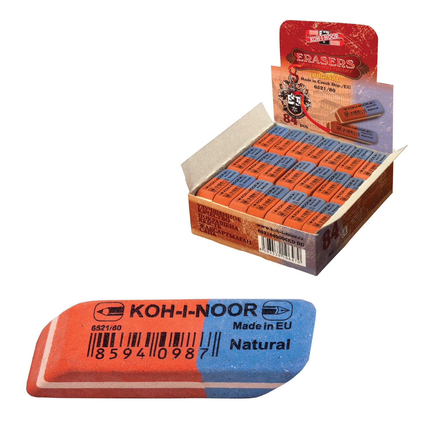 Ластик KOH-I-NOOR 6521/80, 42148 мм, красно-синий, прямоугольный, скошенные края, натуральный каучук, 6521080006KDRU, 12шт.