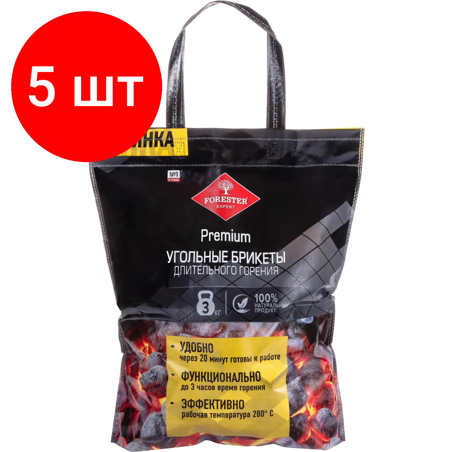 Комплект 5 штук, Брикет угольный 3 кг в сумке Forester, BC-934