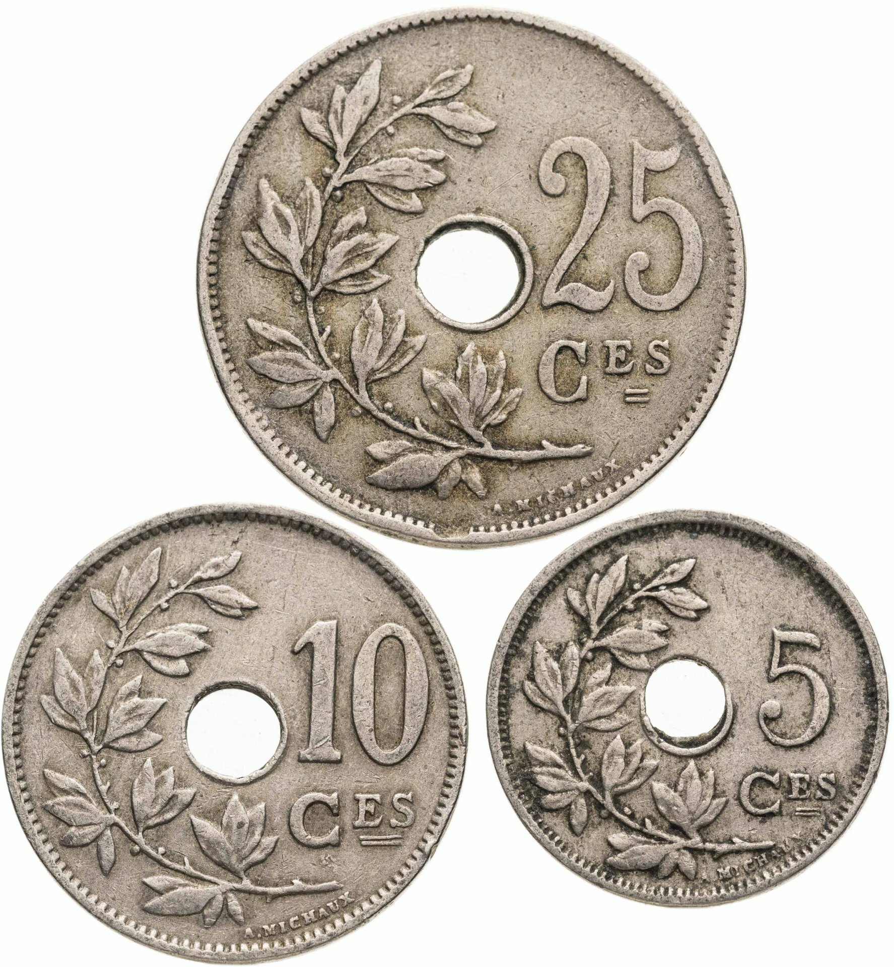 Бельгия набор 5,10,25 сантимов 1920-1932, надпись "BELGIQUE", Мельхиор медь-никель, в сохранности VF-XF