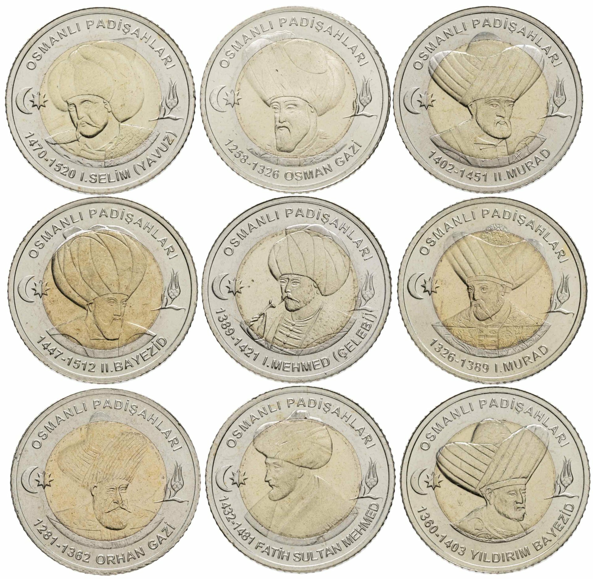 Турция полный набор юбилейных монет 1 лира 2024 серии "Султаны Османской Империи" 9 штук, Биметалл, в сохранности UNC
