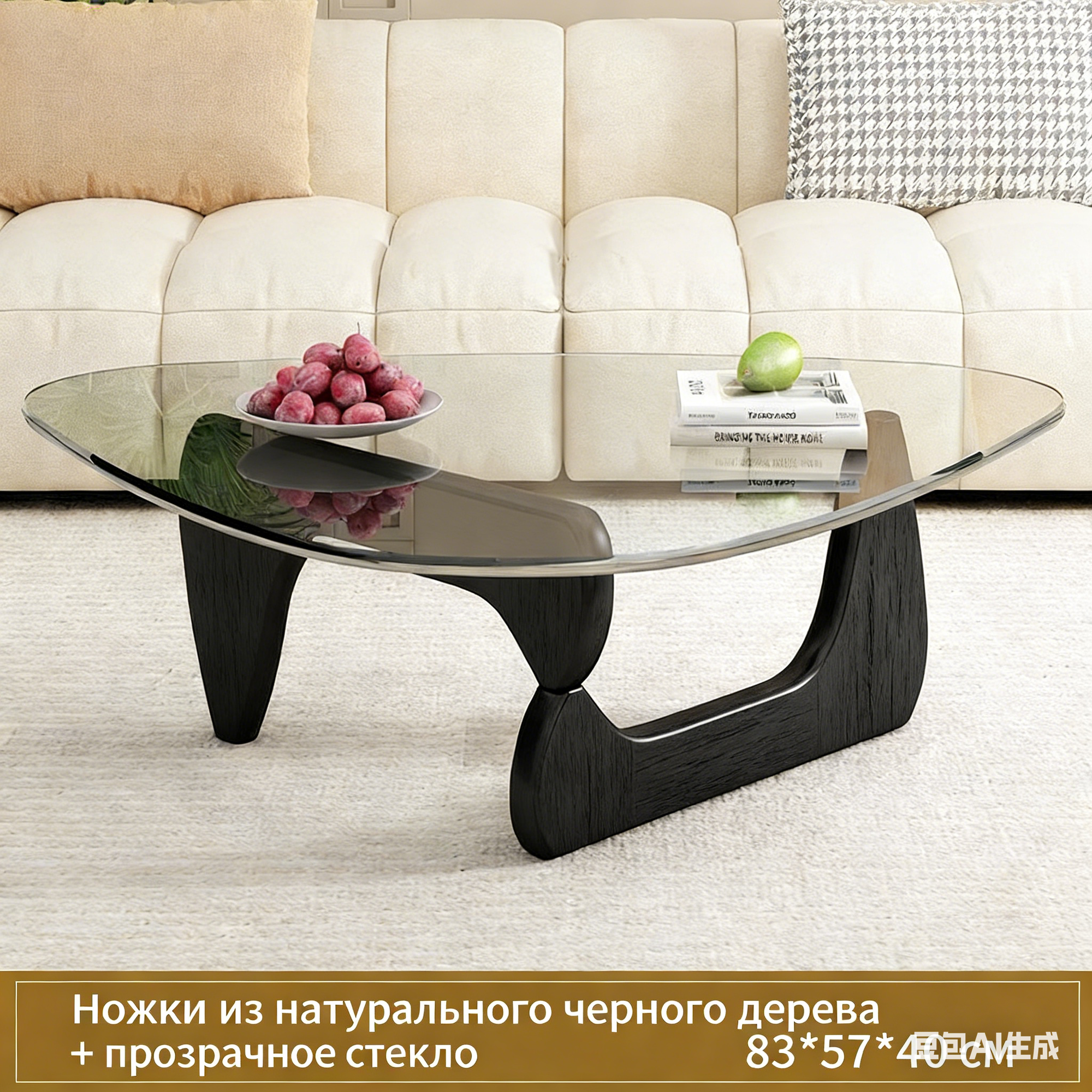 Стеклянный журнальный столик, материал - массив дерева, 83*57*40 см, черное основание и прозрачное стекло