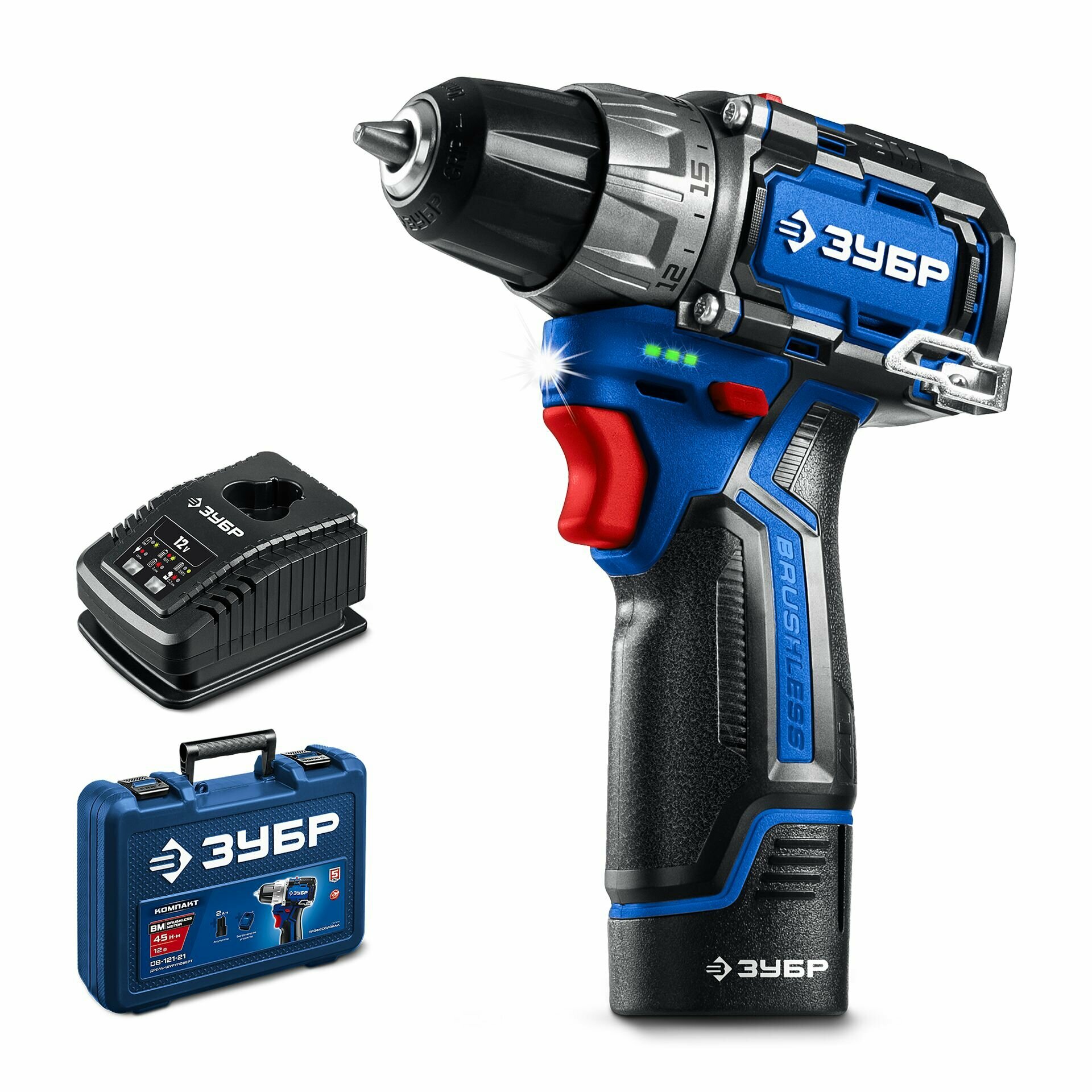 ЗУБР компакт #2, 12 В, 45 Н м, 1 АКБ тип Т7 (2 А ч), дрель-шуруповерт, BRUSHLESS, кейс, Профессионал (DB-121-21)