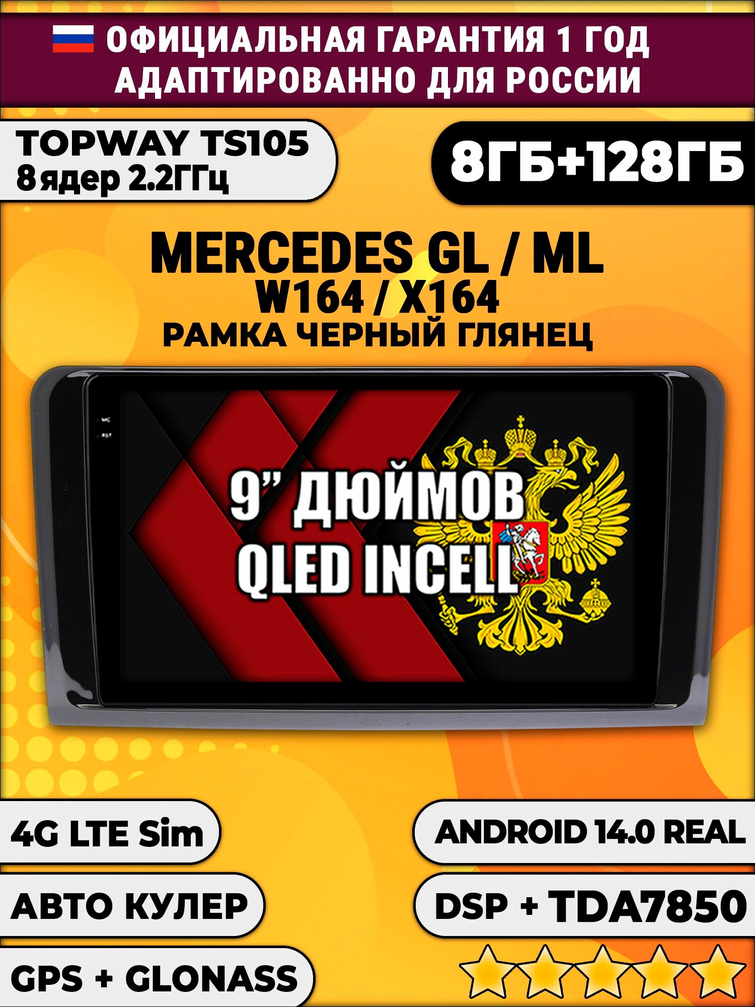 TS105, память 8/128гб для MERCEDES BENZ W164 X164 (GL/ML), Android магнитола - Рамка черная глянцевая