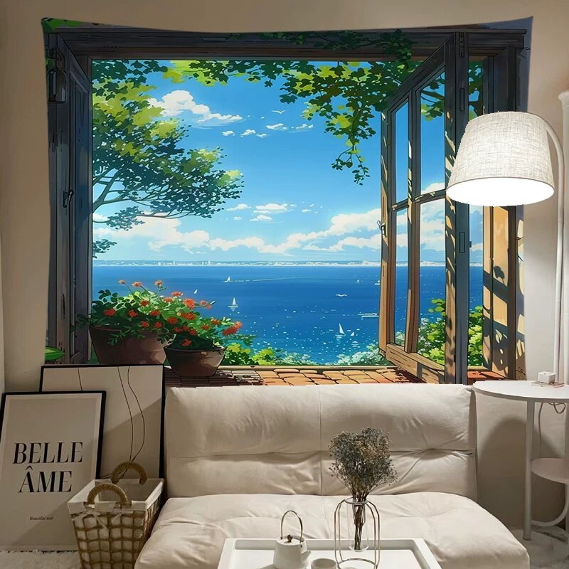 Ткань с изображением морского пейзажа, декоративная ткань в спокойном стиле, настенное покрытие для спальни, холст для