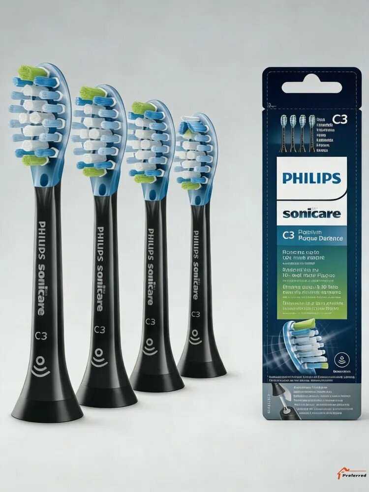 Preferred Стандартные головки звуковой зубной щетки Philips Sonicare C3 Premium для борьбы с зубным налетом HX9042/65, black,4шт