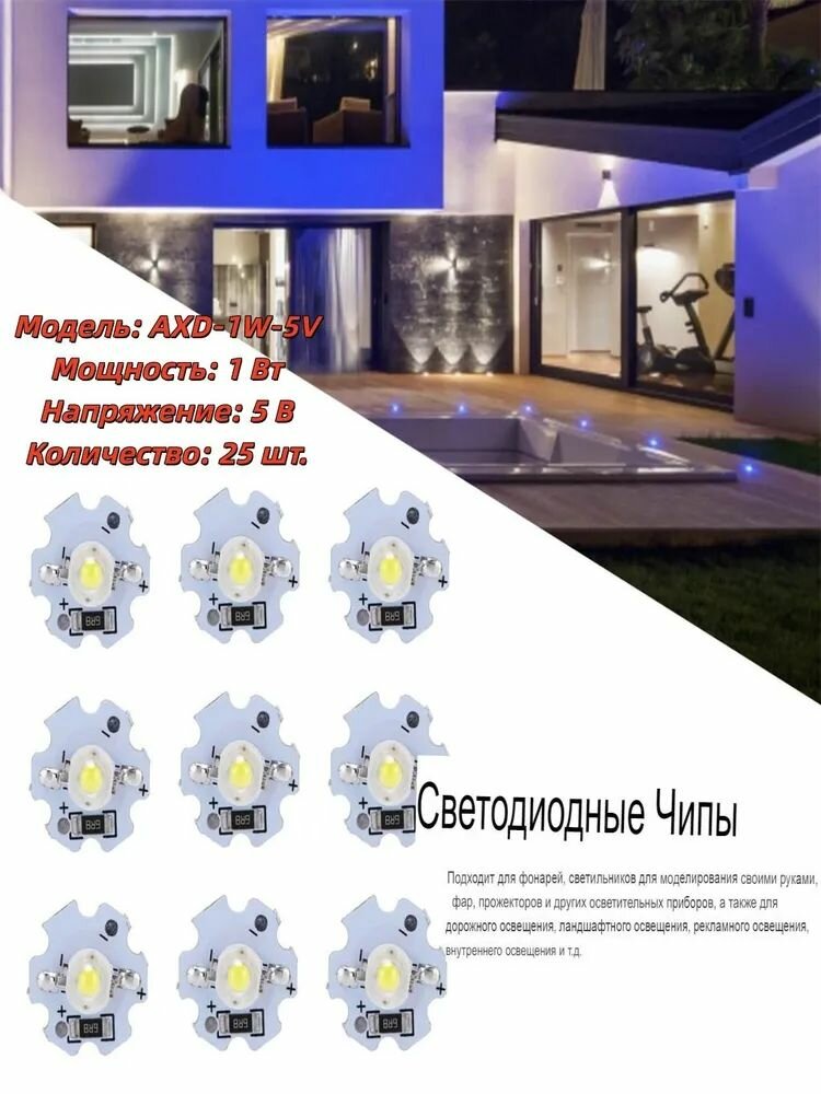 Светодиод SMD 1Вт (25 шт, 5В, на плате): яркий, для DIY проектов, фонарей и подсветки, нейтральный свет.