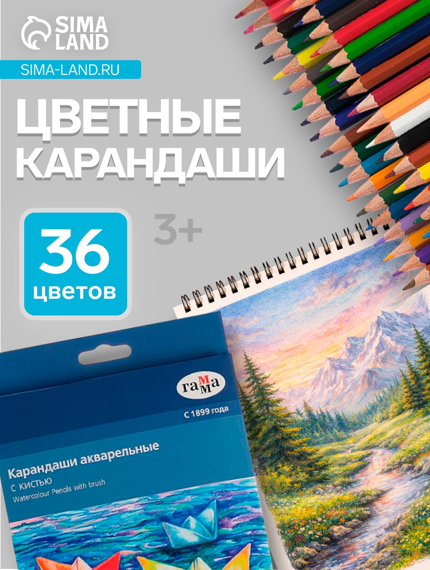 Карандаши цветные акварельные 36 цветов, «Гамма. Лицей», с кистью, шестигранные