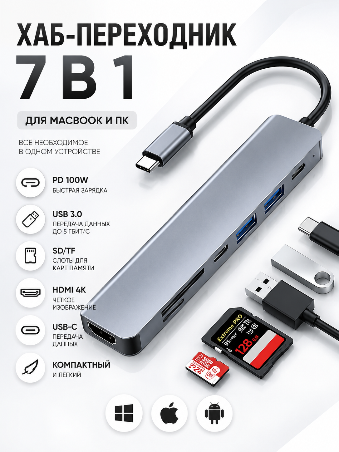 Переходник - разветвитель USB HUB 7 в 1 Type-C, SD Card, Micro SD, TF Card серебристый / ЮСБ ХАБ