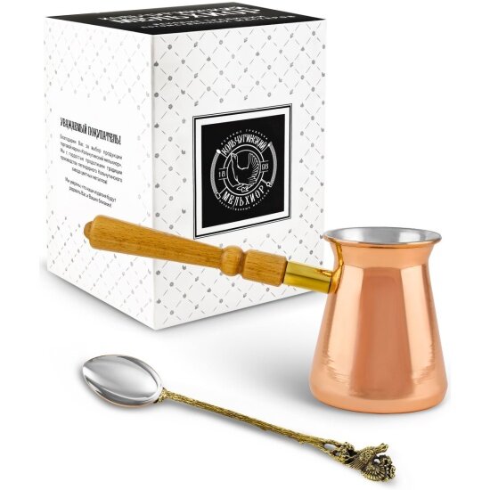Набор для кофе Кольчугинский Мельхиор 2 предмета, турка медная 300 мл + ложка кофейная Глухарь (КМ15070201_К)