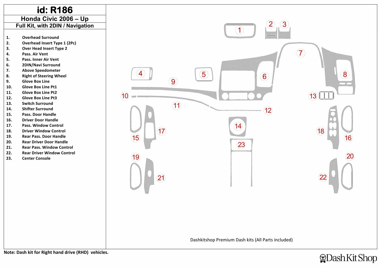 Накладки салона под дерево, карбон, алюминий для Honda Civic 2006-UP. Комплект R186.