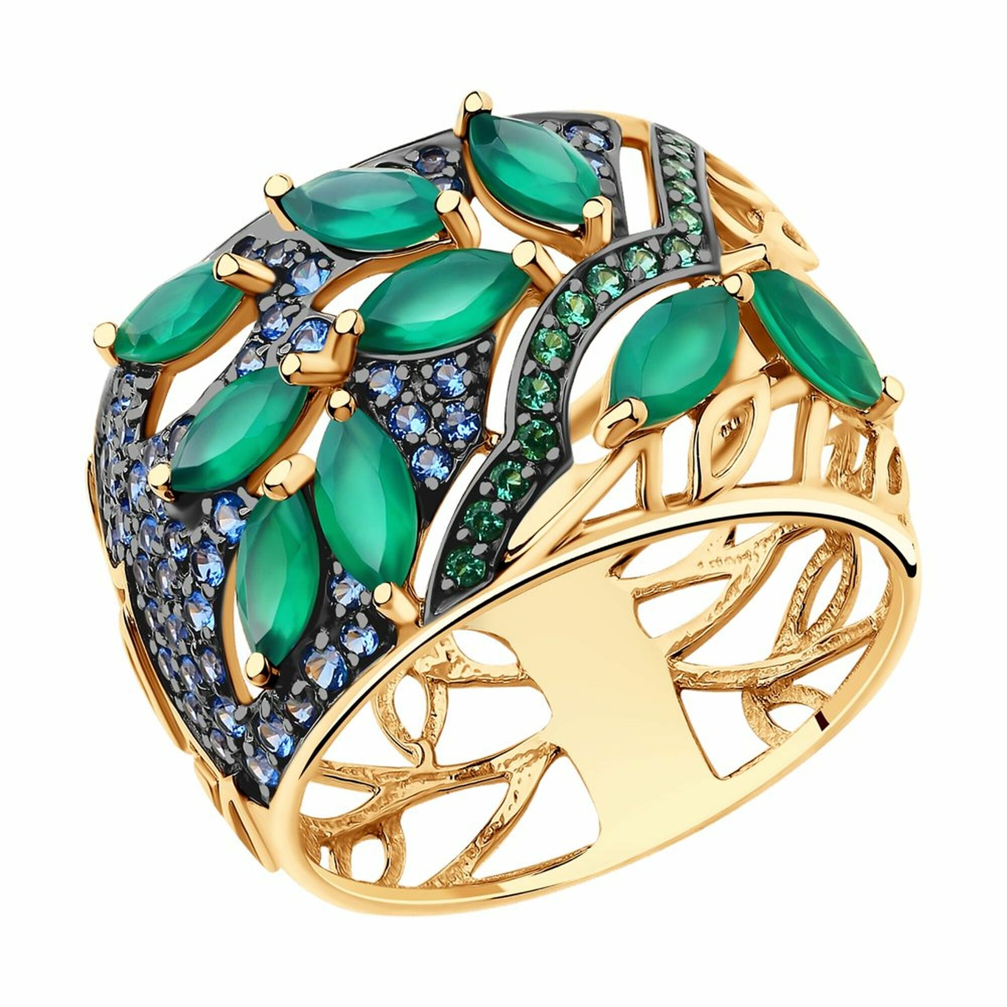 Кольцо, красное золото, 585 проба, фианит, агат