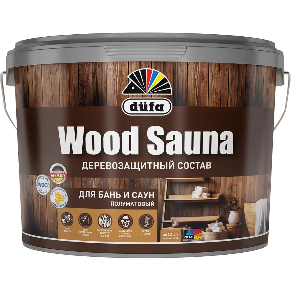 Пропитка защитная Dufa WoodSauna акриловая, влагостойкая, быстросохнущая, финиш для внутренней отделки бани и сауны