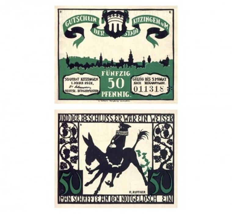 Нотгельд 50 пфеннигов 1921 Германия, Китцинген, вид 4, сувенирная копия, банкноты и купюры редкие коллекционные