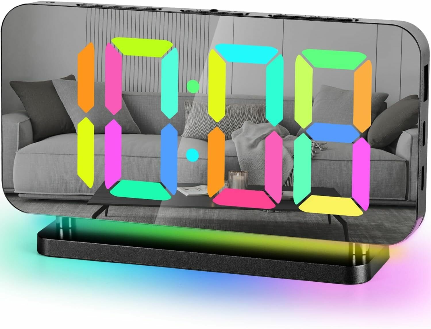 Красочные светодиодные электронные часы с большим экраном RGB, красочный ночник, зеркальное отражение, черный